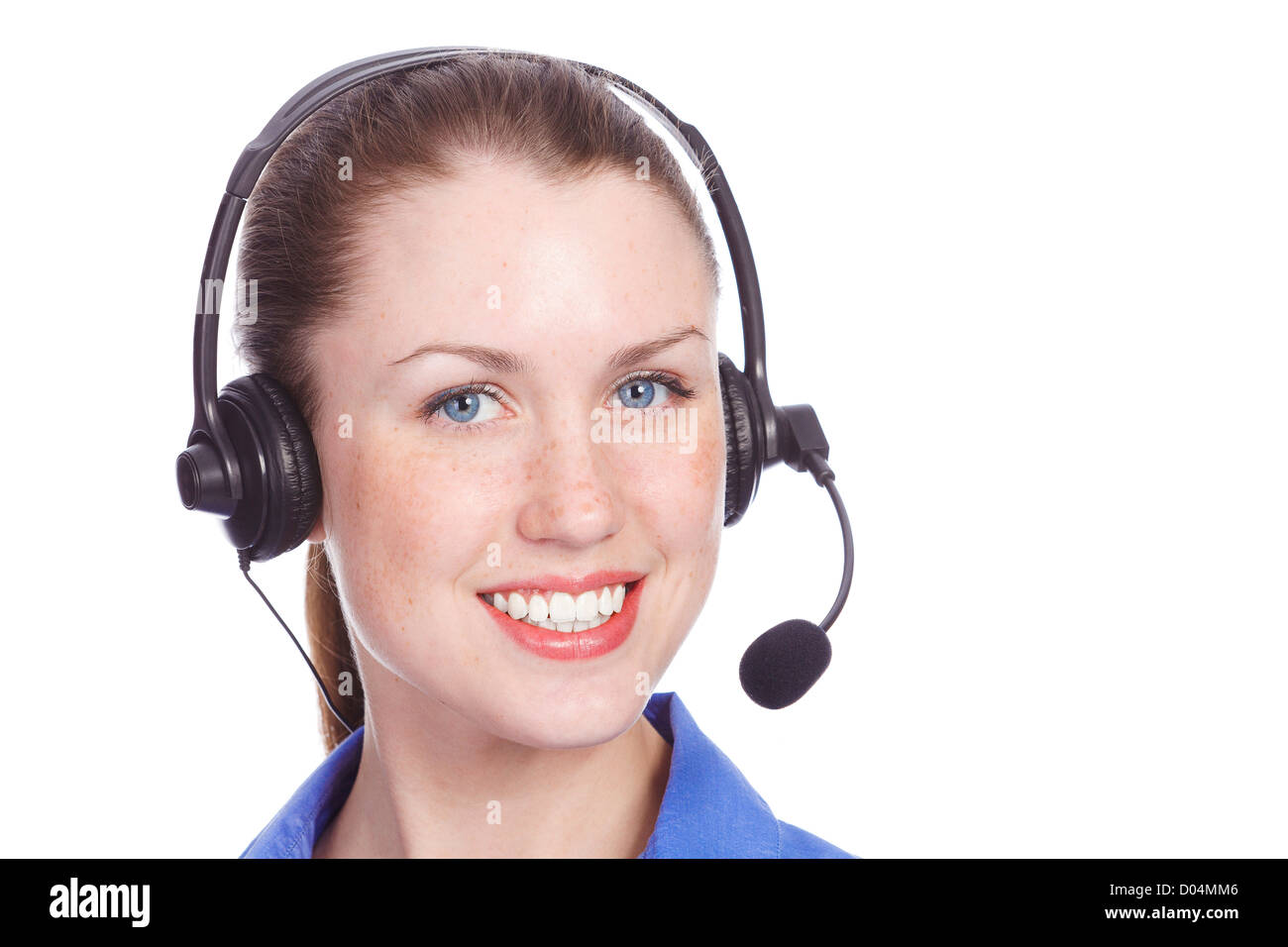 smiling cheerful support phone operator, isolated on white background ...