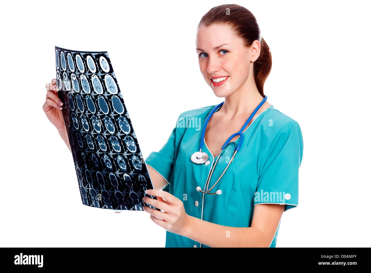 Young female doctor checking MR. Isolated over a white background Stock ...