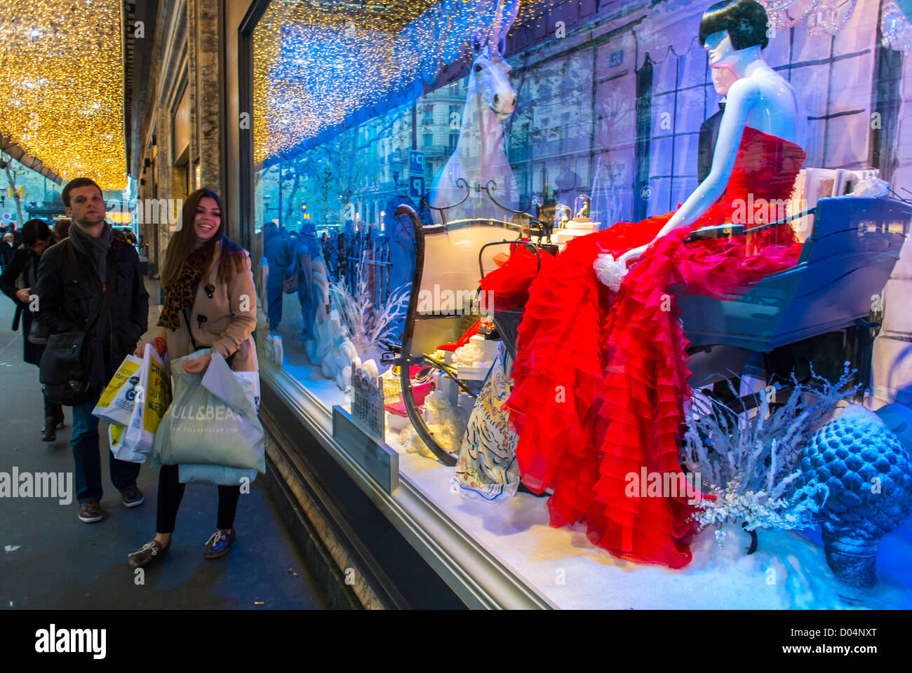Paris, France, Woman Window Shopping at French Department Store Le ...