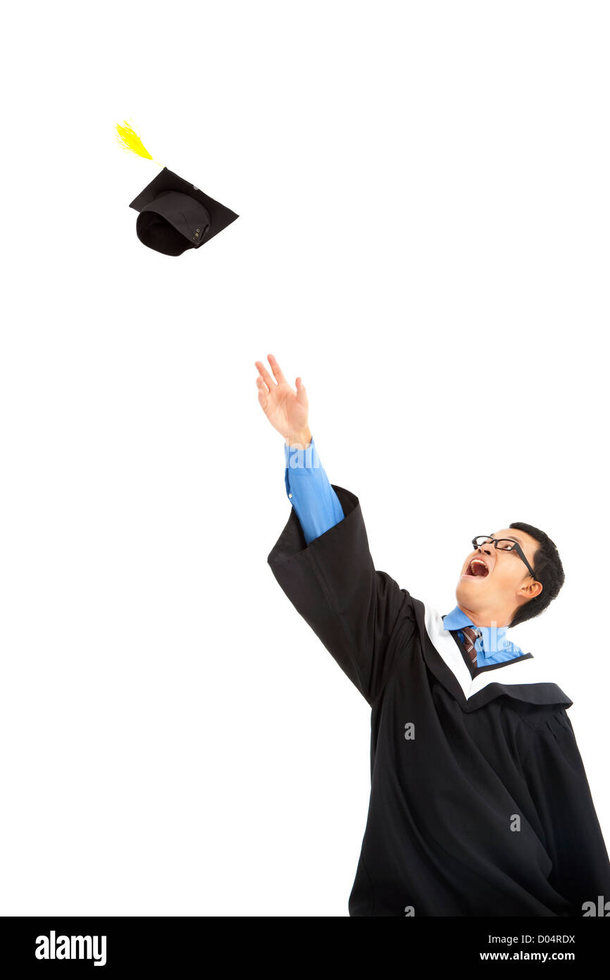 happy graduating student throwing the cap Stock Photo - Alamy
