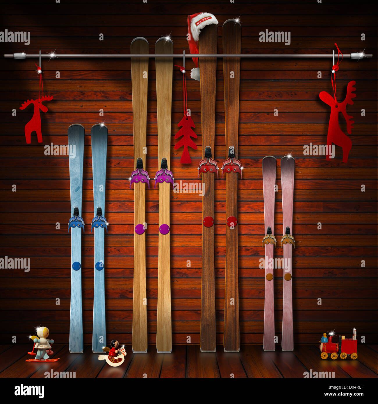 Four pairs of vintage skis leaning against the wall and Christmas ...