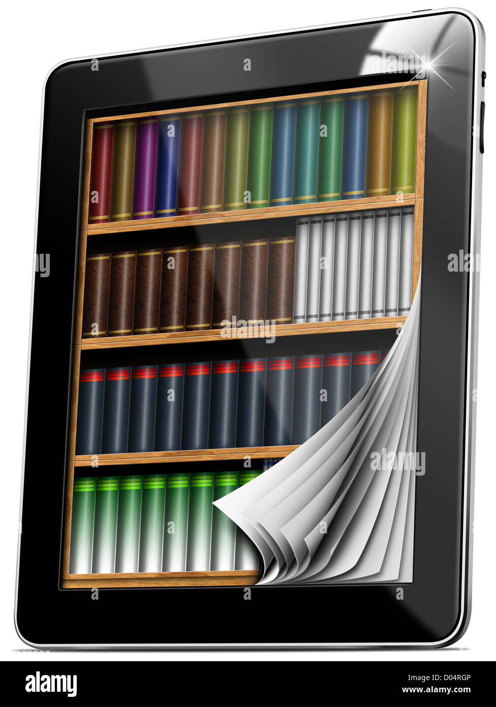 Black tablet computer with bookcase and pages. Isolated on white ...