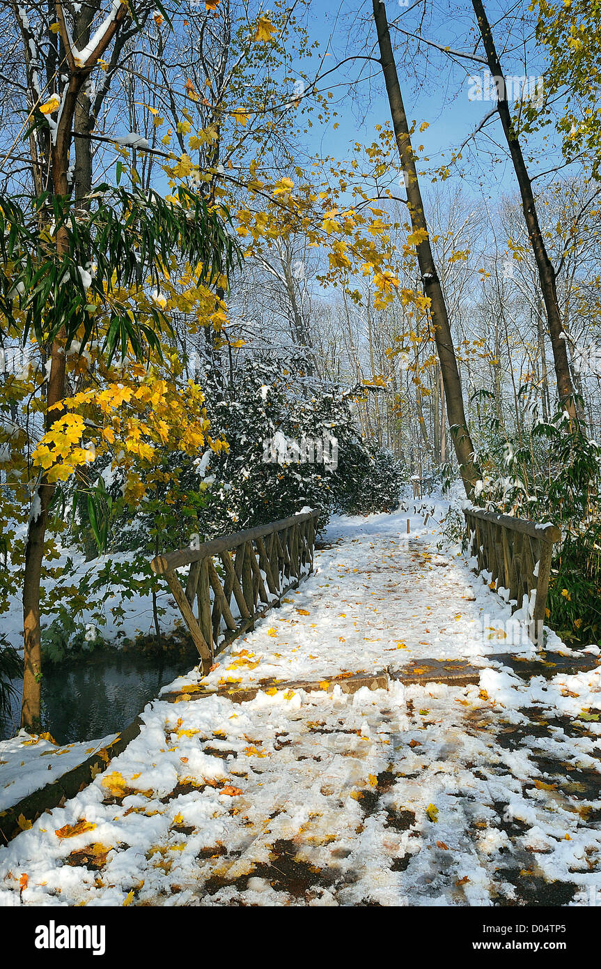 nice city park between winter and fall with snow Stock Photo - Alamy