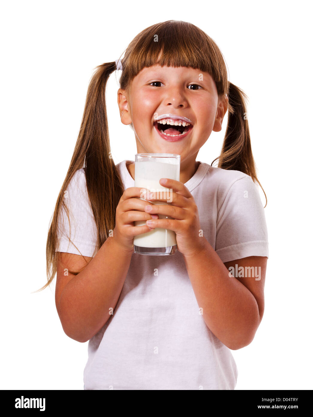 Six years Girl holding glass of milk isolated on white Stock Photo - Alamy