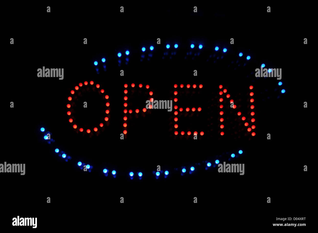 Open Neon Sign in Blue Red and Black Stock Photo - Alamy