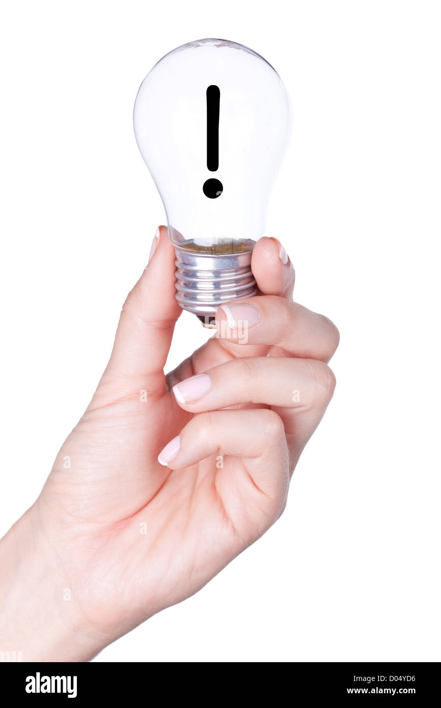 Hand with lamp with pling sign, isolated on white background Stock ...