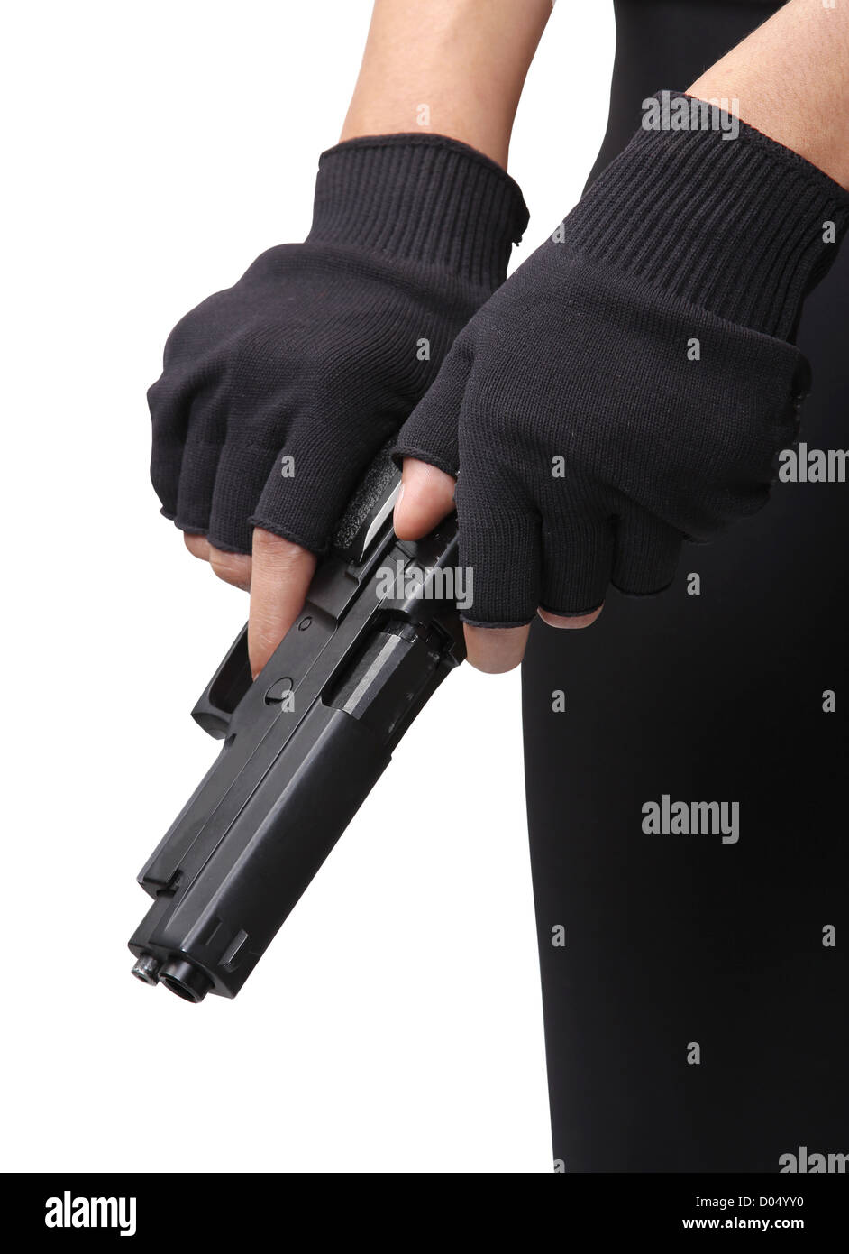 woman slide and loading ammunition her pistol on white background Stock ...