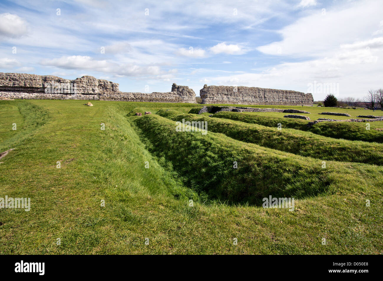 Richborough Roman castle, inside looking across inner defense ditches ...