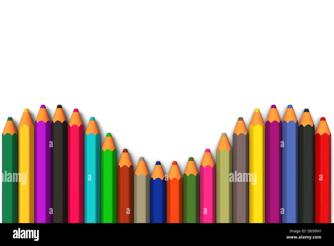 3D model of colored pencils line up in curved row on white background ...