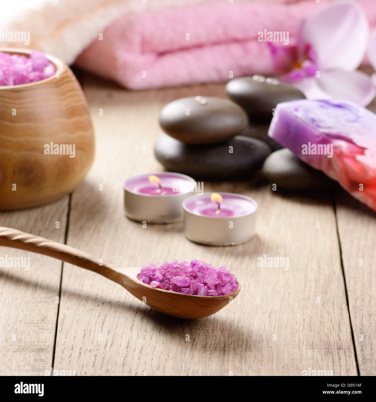 Spa lavender salt set on the wooden table Stock Photo - Alamy