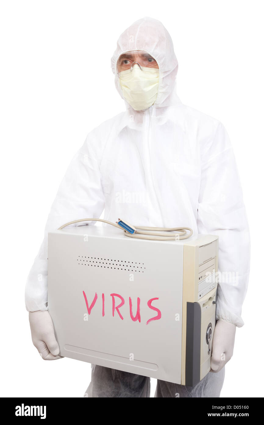 man in overalls carries computer with virus Stock Photo - Alamy