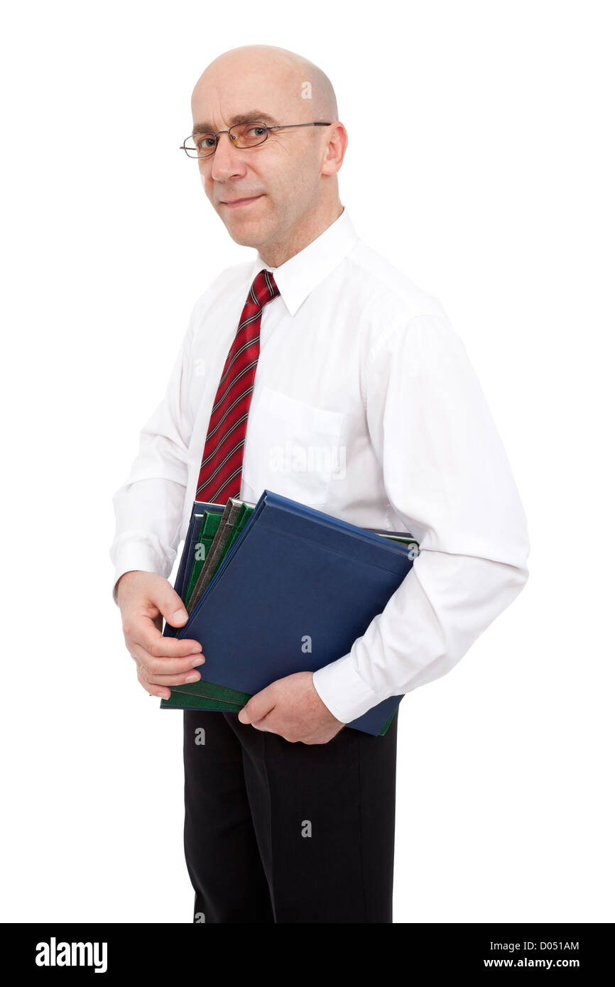elegant official with documents on white background Stock Photo - Alamy