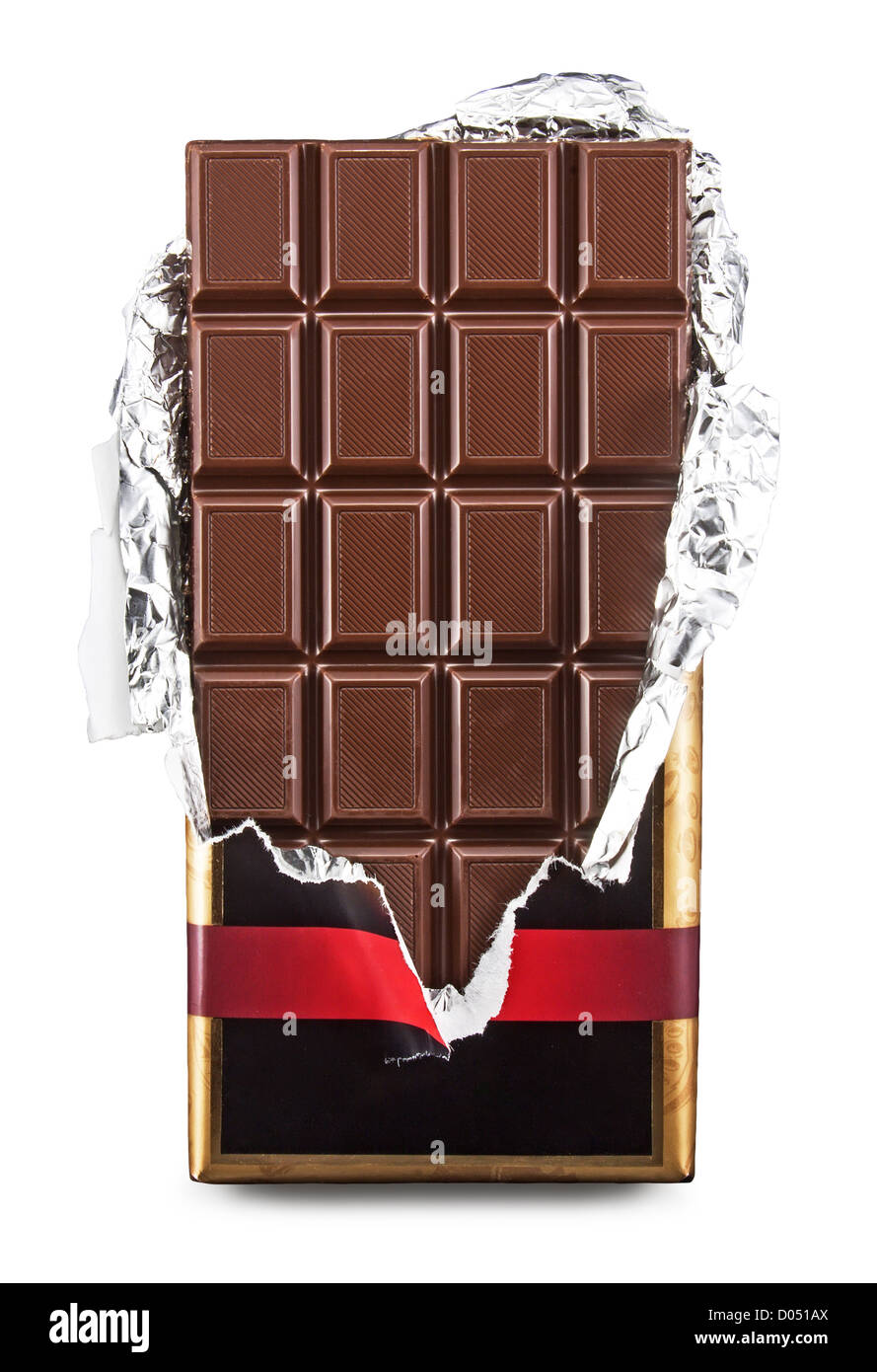 chocolate bar with open cover on white background Stock Photo - Alamy