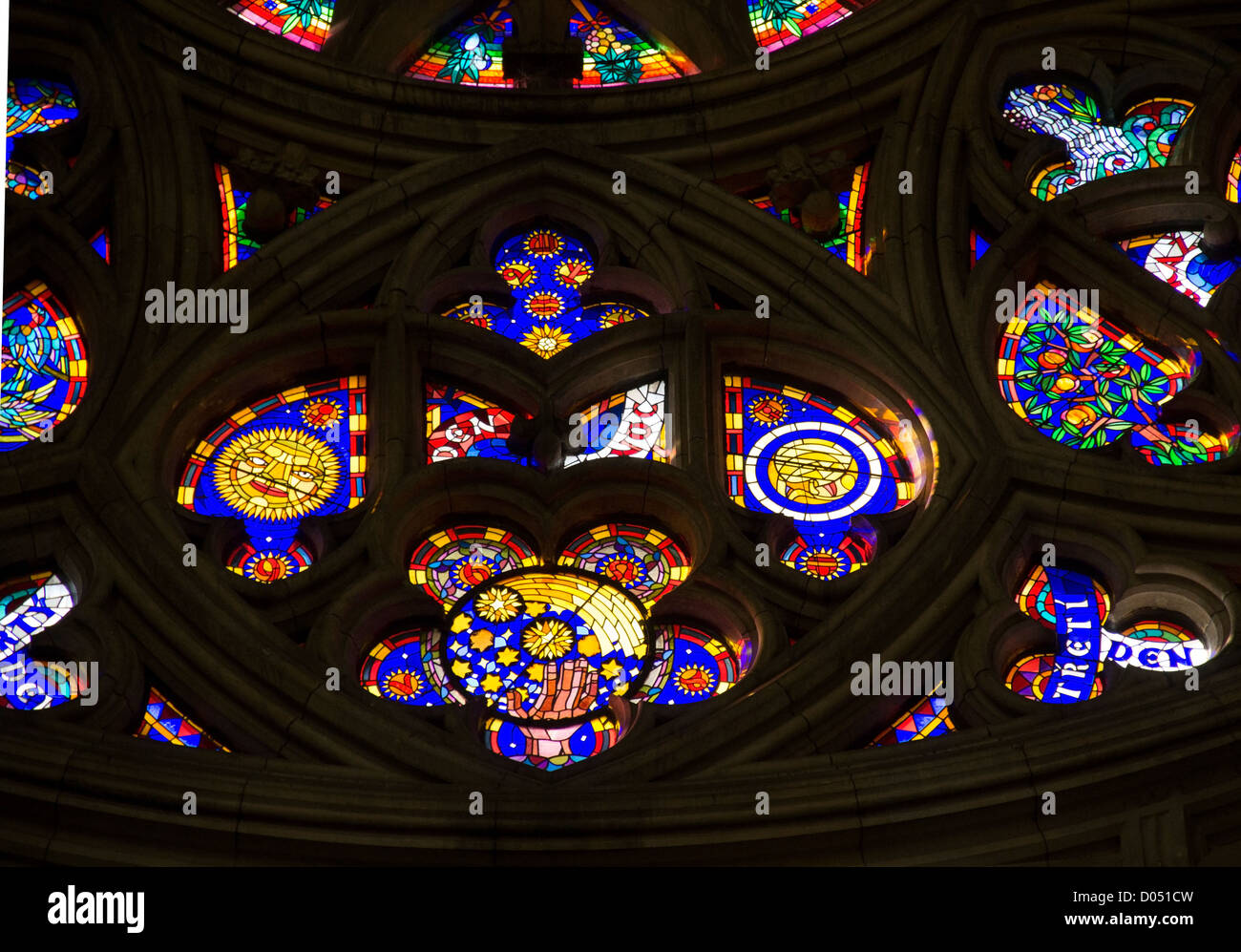 detail of a colorful church window inside the Saint Vitus Cathedral in ...