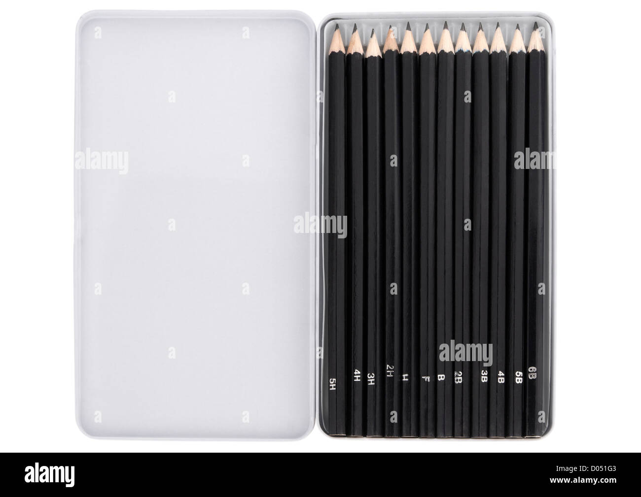 Tin of 12 graded pencils on white background Stock Photo - Alamy