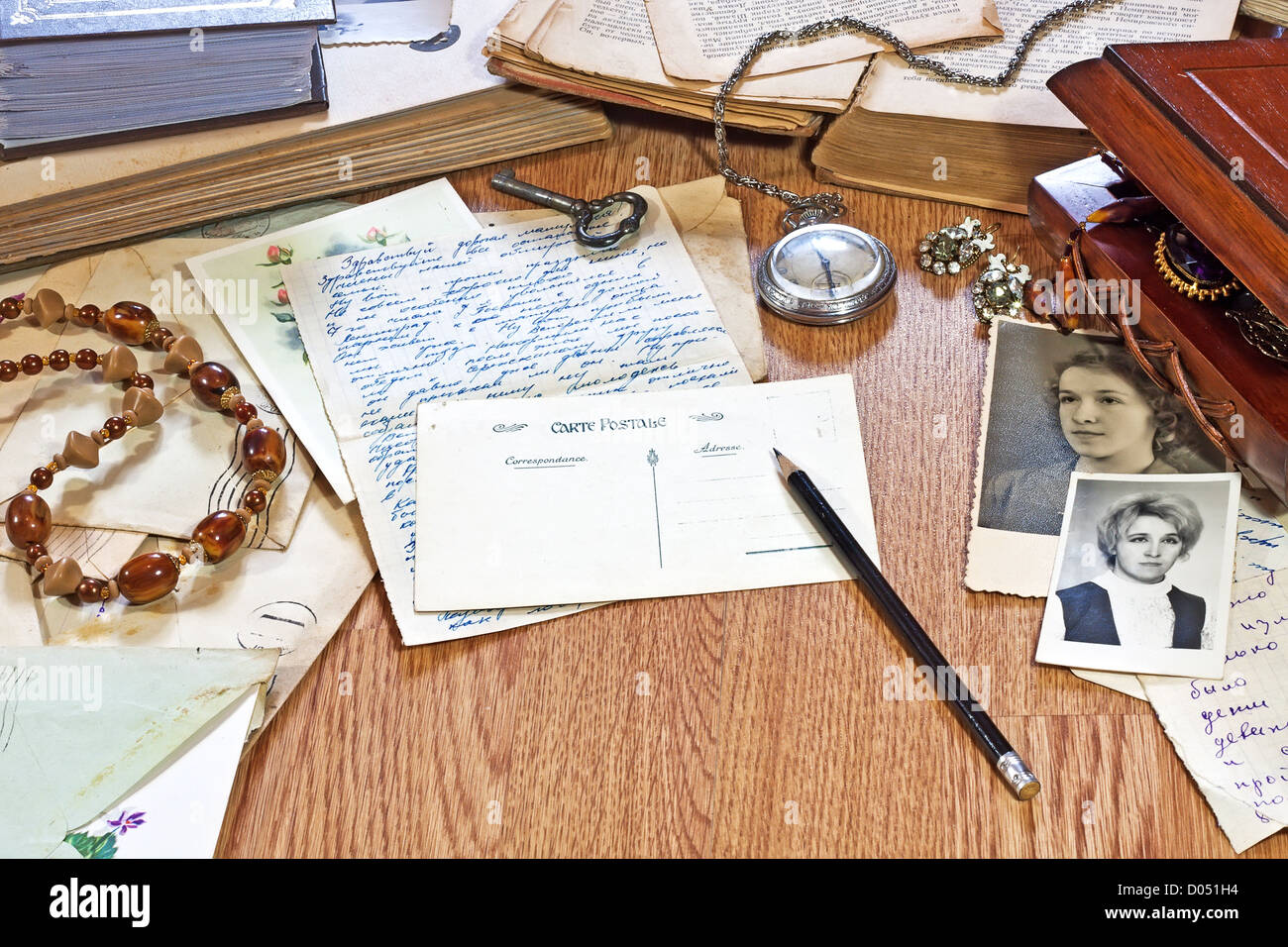 Vintage background with old books, letters and photo Stock Photo - Alamy