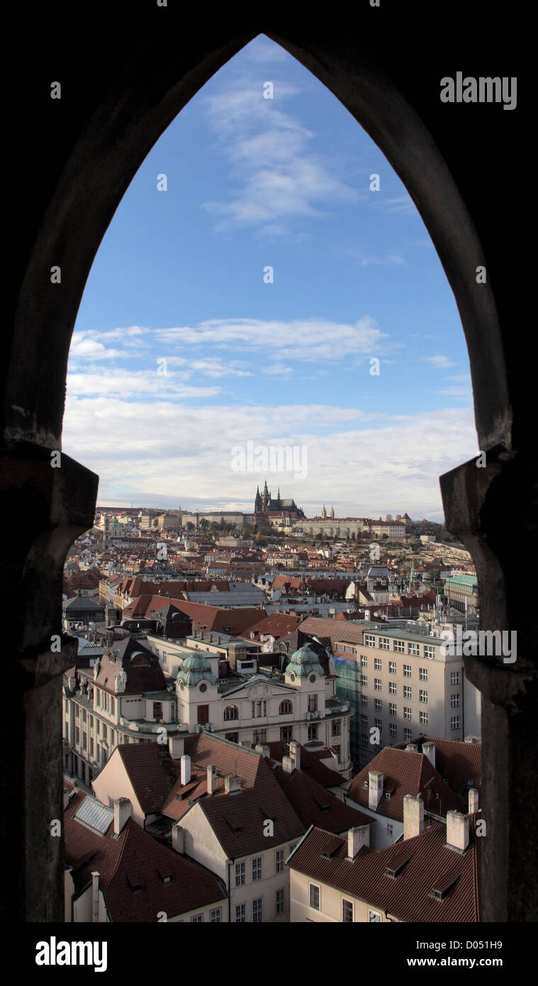 city view through a window of Prague, the capital of the Czech Republic ...