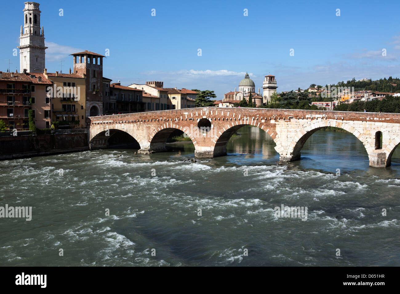 View to Saint Peter bridge and Adige river in Verona, Italy Stock Photo ...