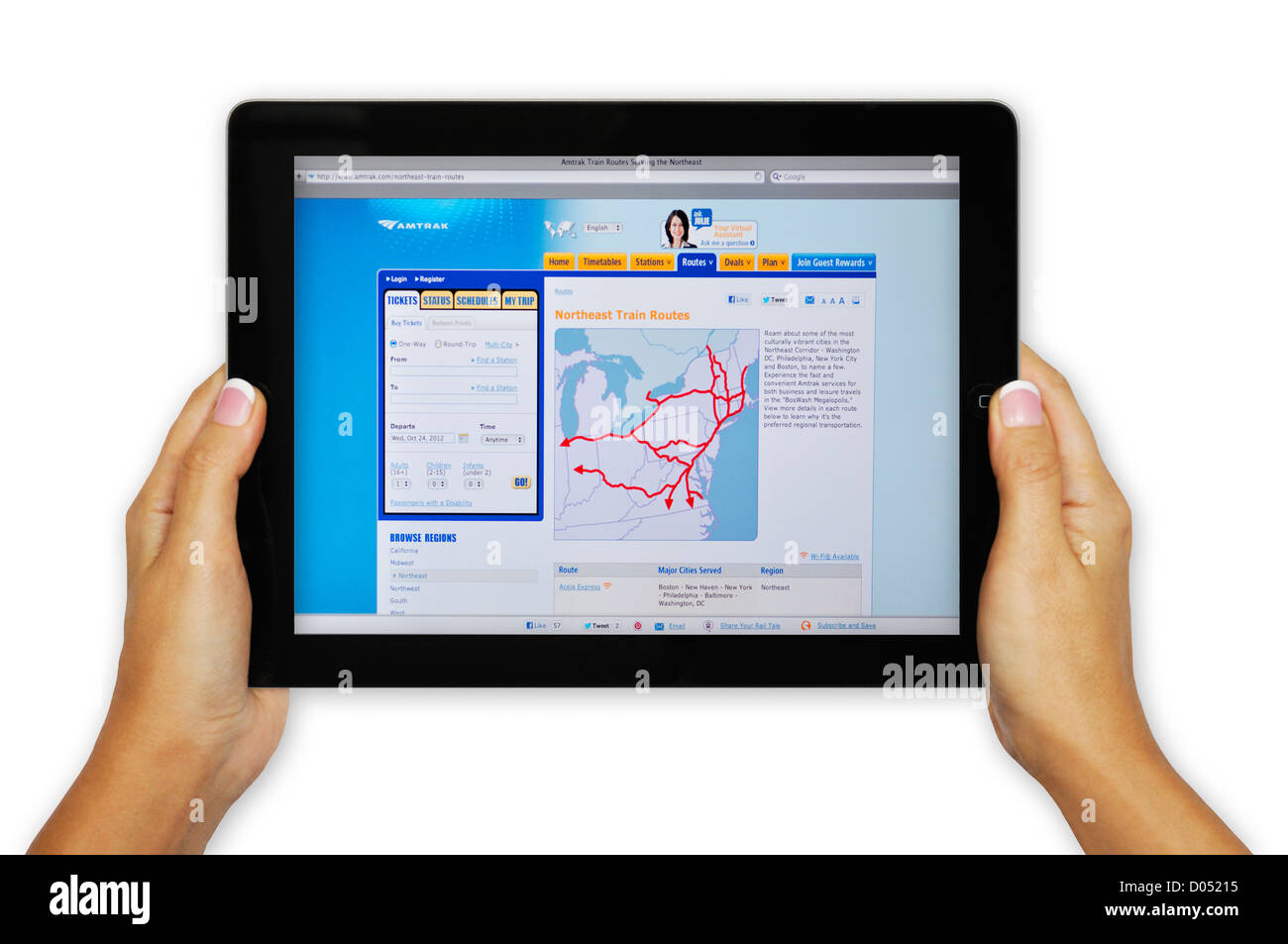 iPad screen showing Amtrak routes website - Northeast train routes ...