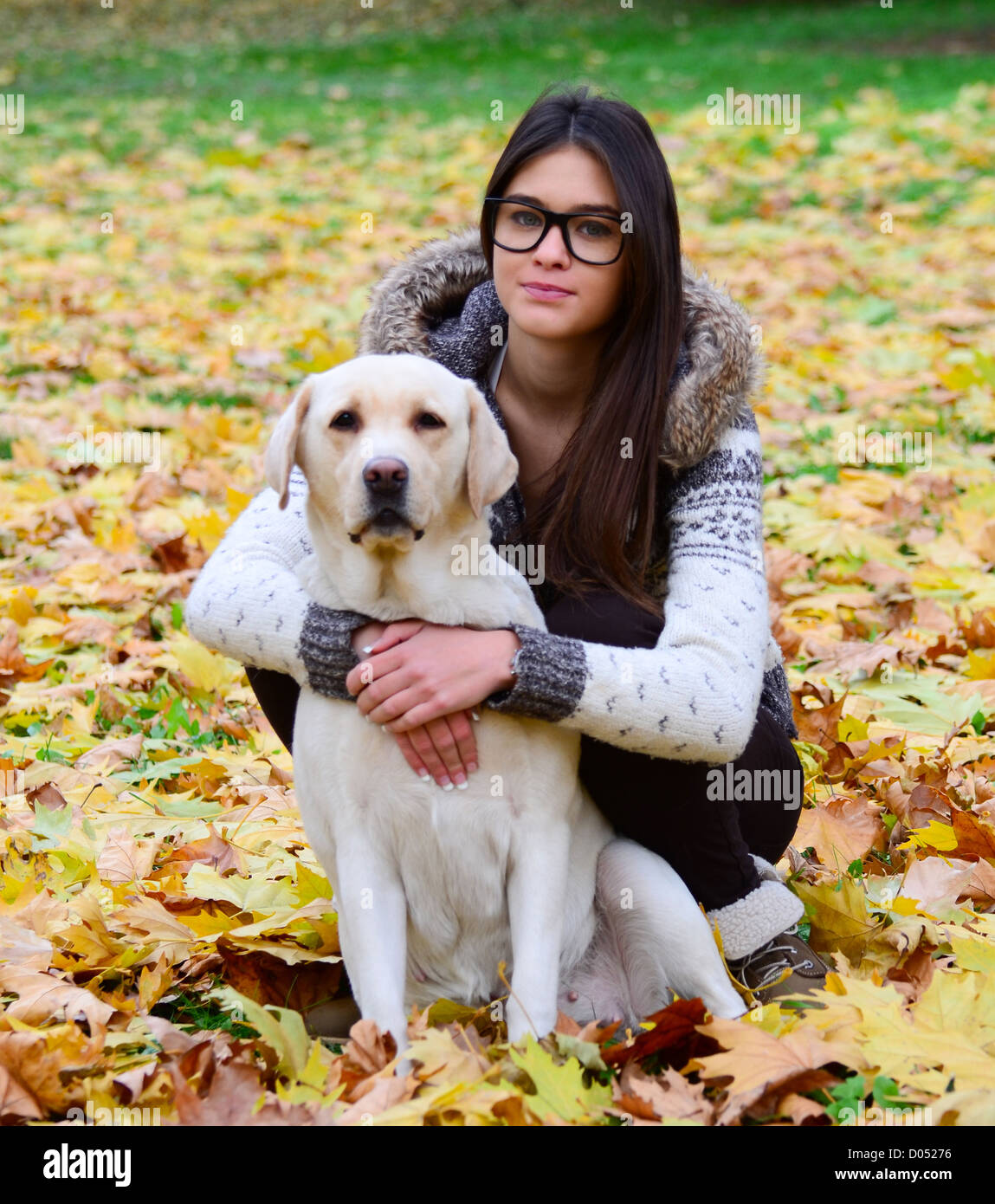 Beautiful girl with labrador retriever in Autumn forest Stock Photo - Alamy