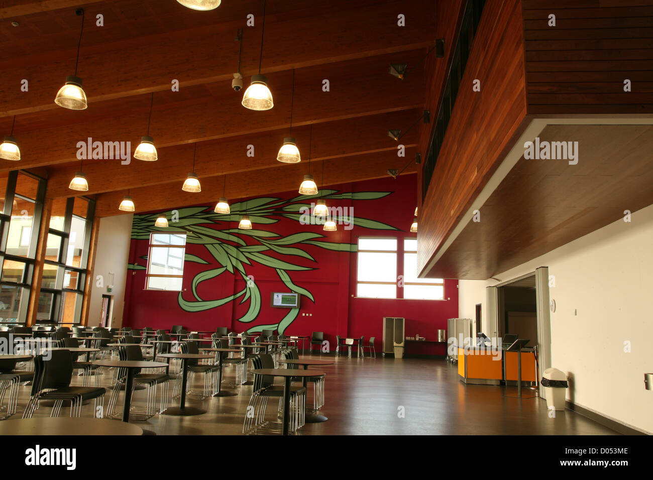 Hall of a new senior school with painted design on the far wall Stock ...