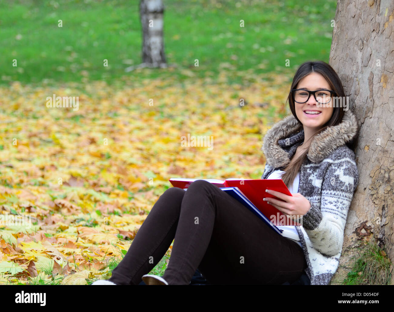Smiling girl learning in nature Stock Photo - Alamy