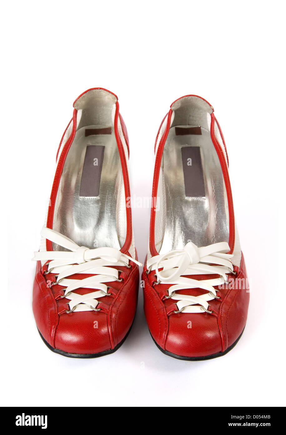 Pair of modern female shoes, front view, isolated on white background ...