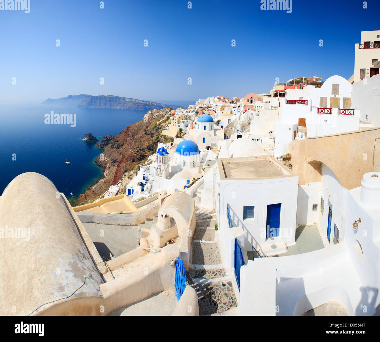 Traditional white and blue village in Santorini Stock Photo - Alamy