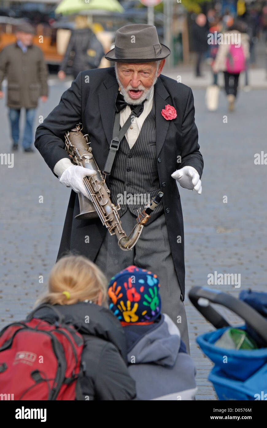 Prague, Czech Republic. Musician playing the saxophone in Old Town ...