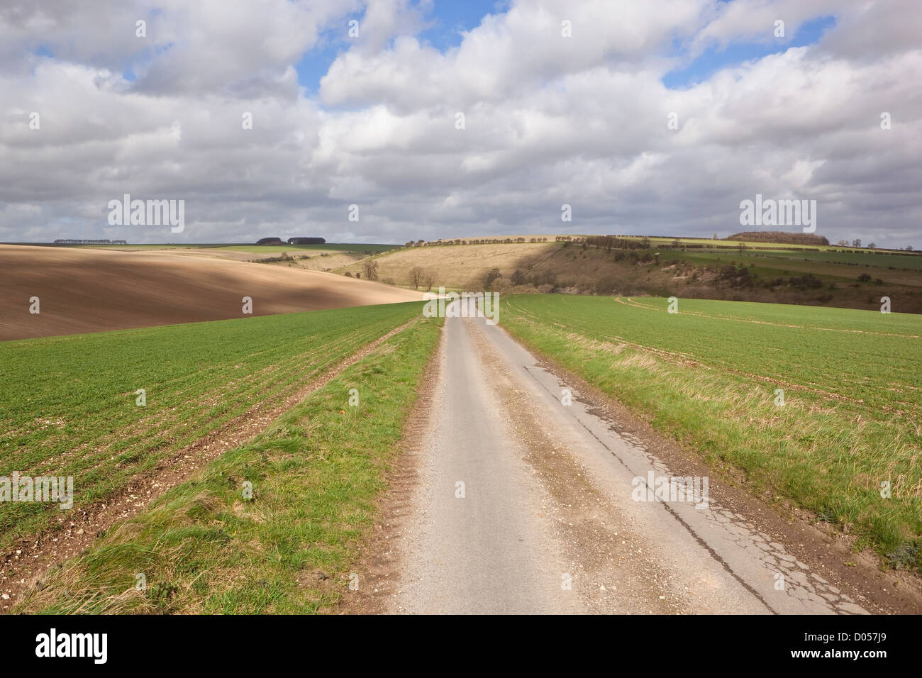 Rain clouds over a small rural road through the agricultural landscape ...