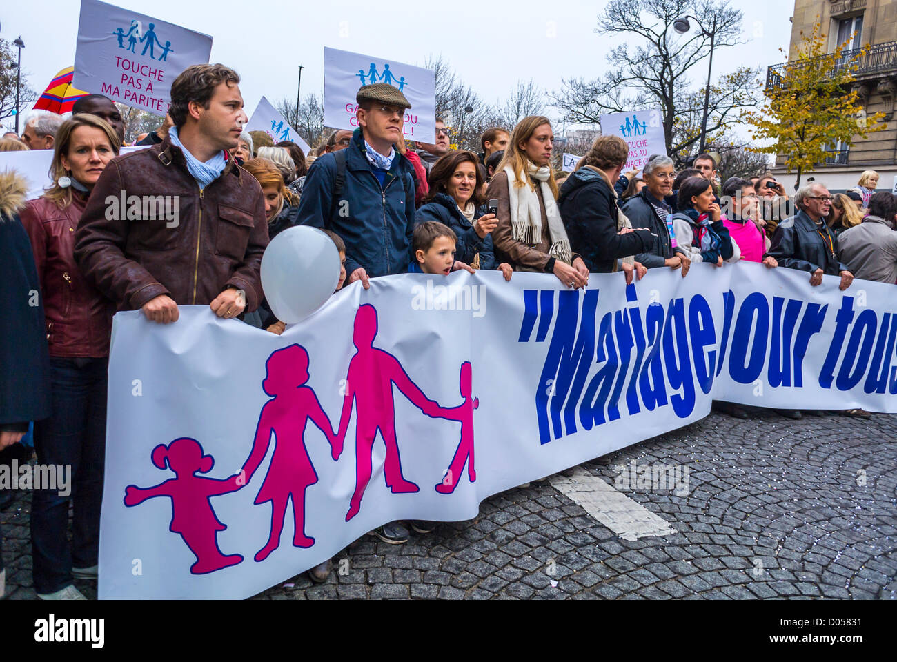 Paris, France, Seniors holding Protest signs, and protesters banners ...