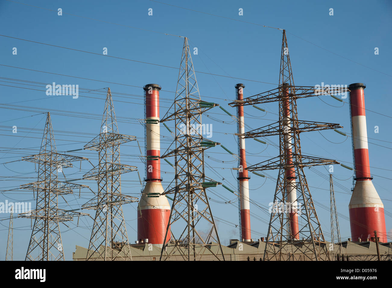 Electricity power station chimneys and cables energy plant Stock Photo ...