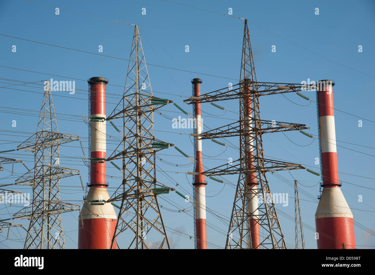Electricity power station chimneys and cables energy plant Stock Photo ...