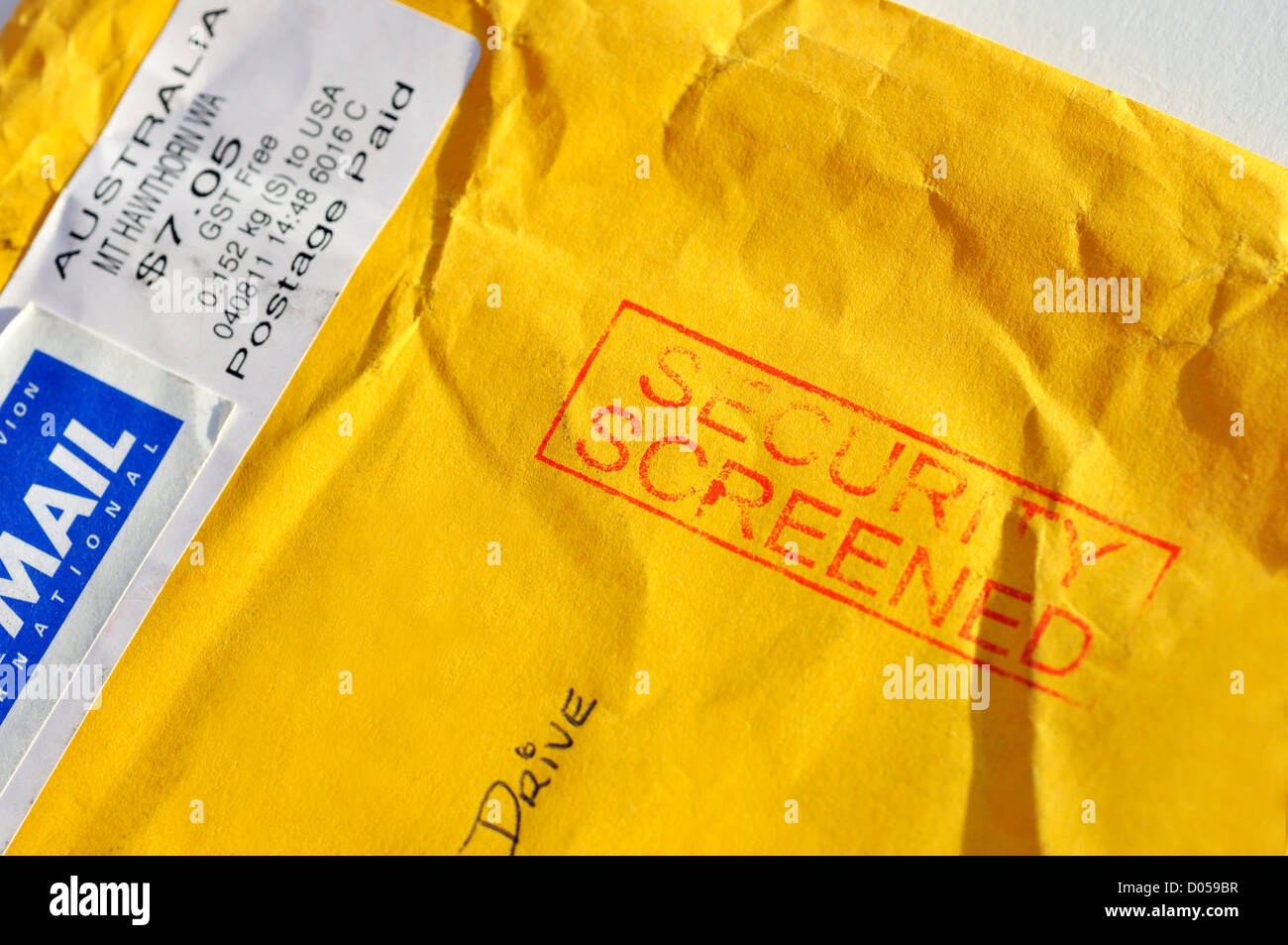 SECURITY SCREENED stamp on mail package envelope from Australia Stock ...