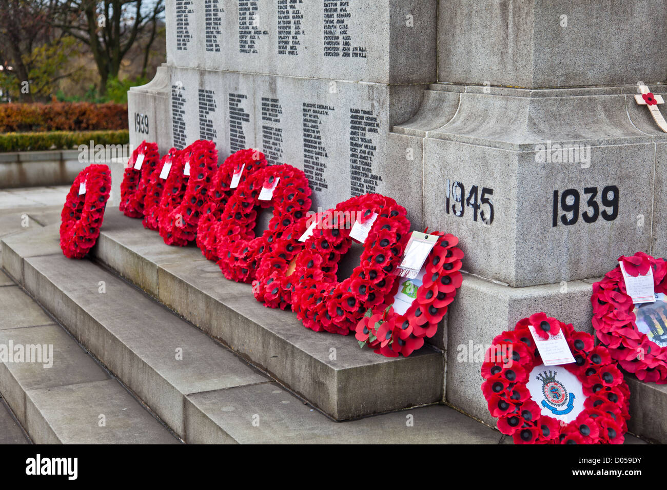 Poppy wreaths laid at the cenotaph in Centenary Park, Airdrie, North ...