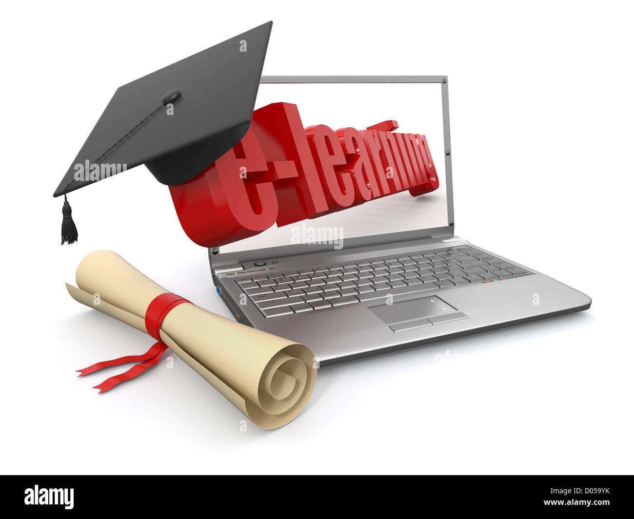 E-learning. Laptop, diploma and mortar board. 3d Stock Photo - Alamy
