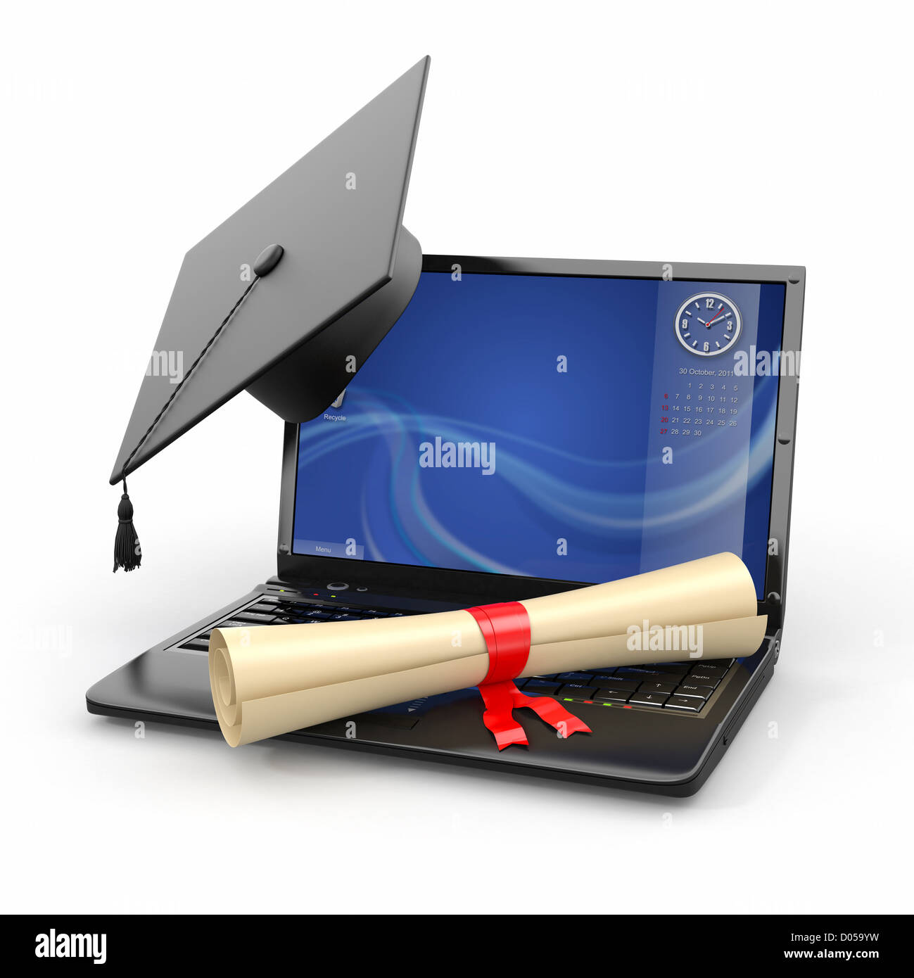 E-learning graduation. Laptop, diploma and mortar board. 3d Stock Photo ...