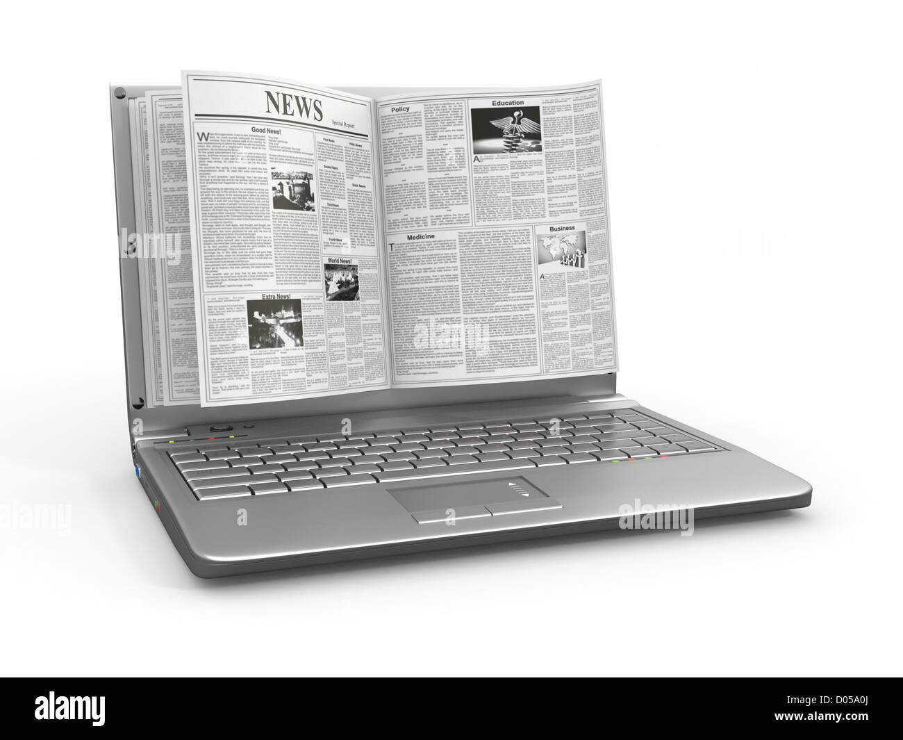 News. Newspaper as laptop screen on white background. 3d Stock Photo ...