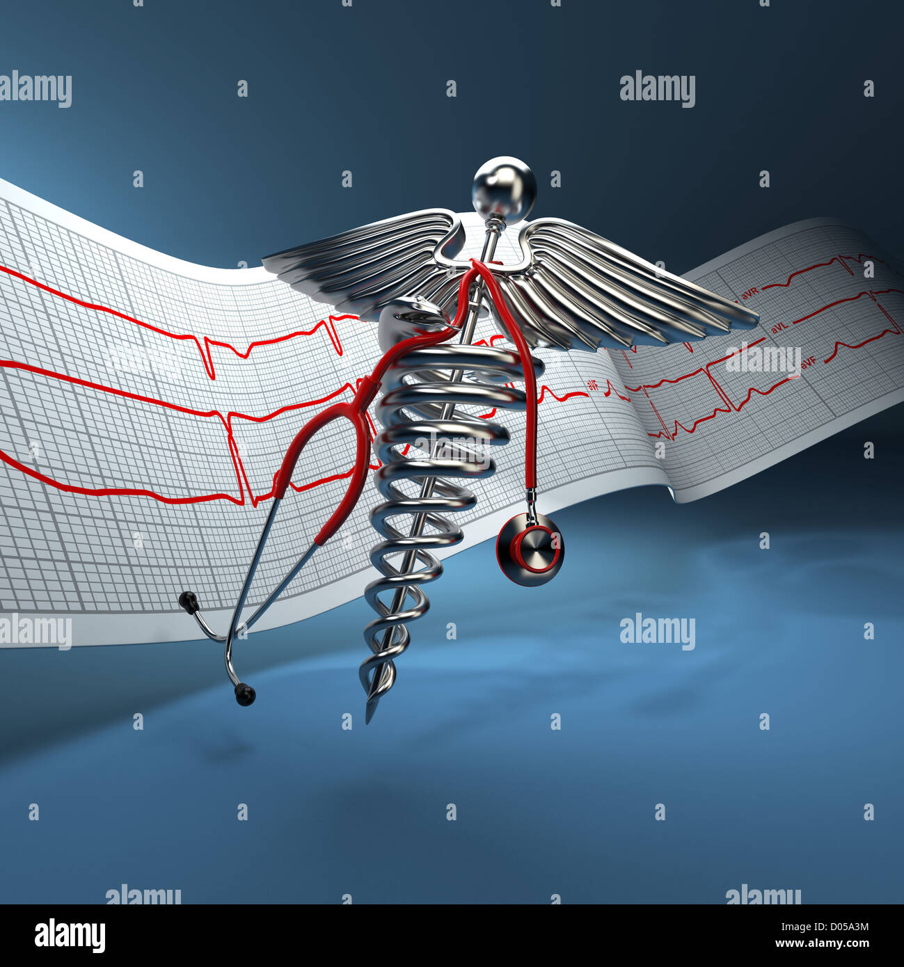 Medical background. Stethoscope, caduceus symbol and cardiogram. 3d ...