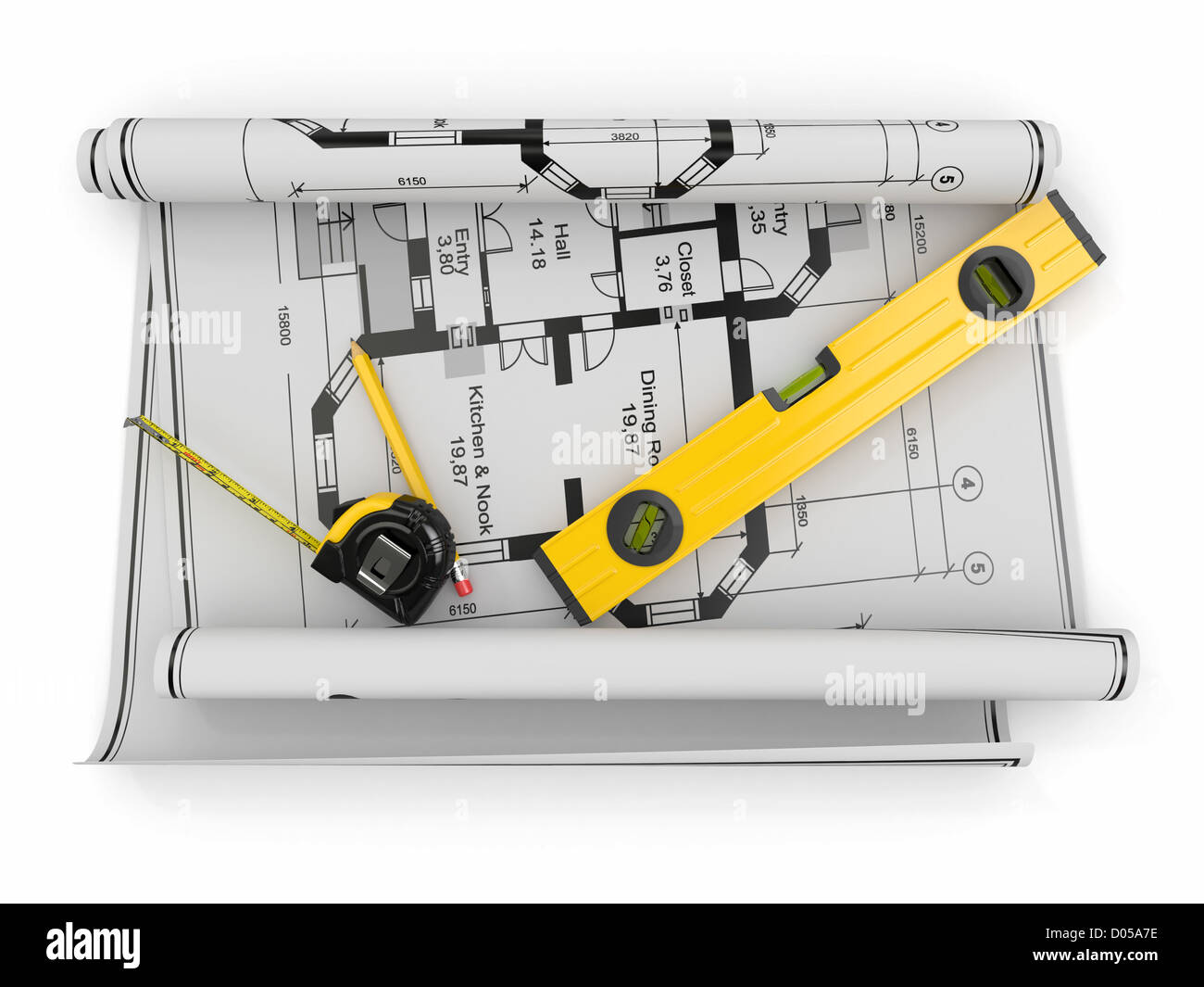 Construction Concept. Blueprint, level and rulers. 3d Stock Photo - Alamy