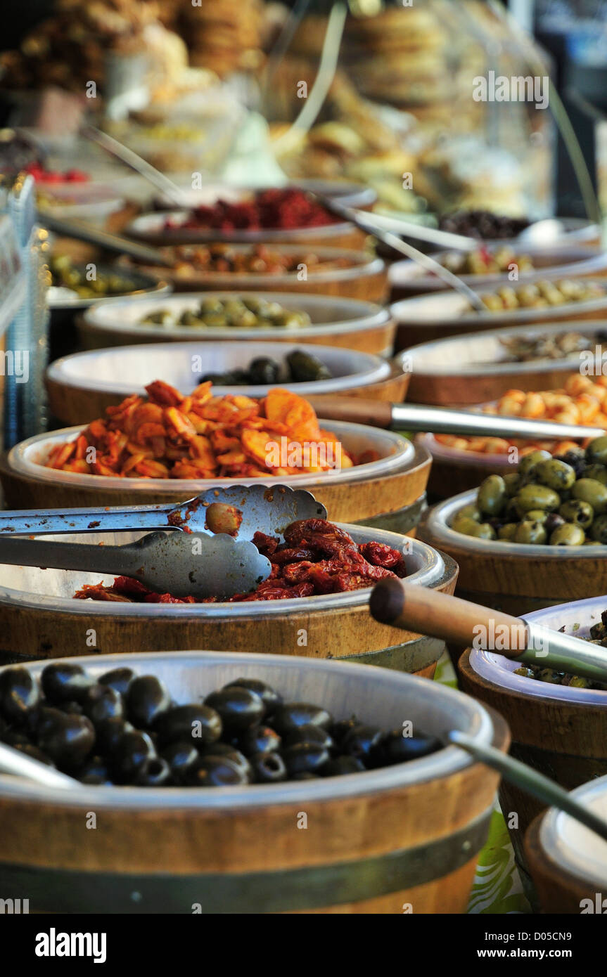 Mediterranean foods for sale on a continental market stall Stock Photo ...