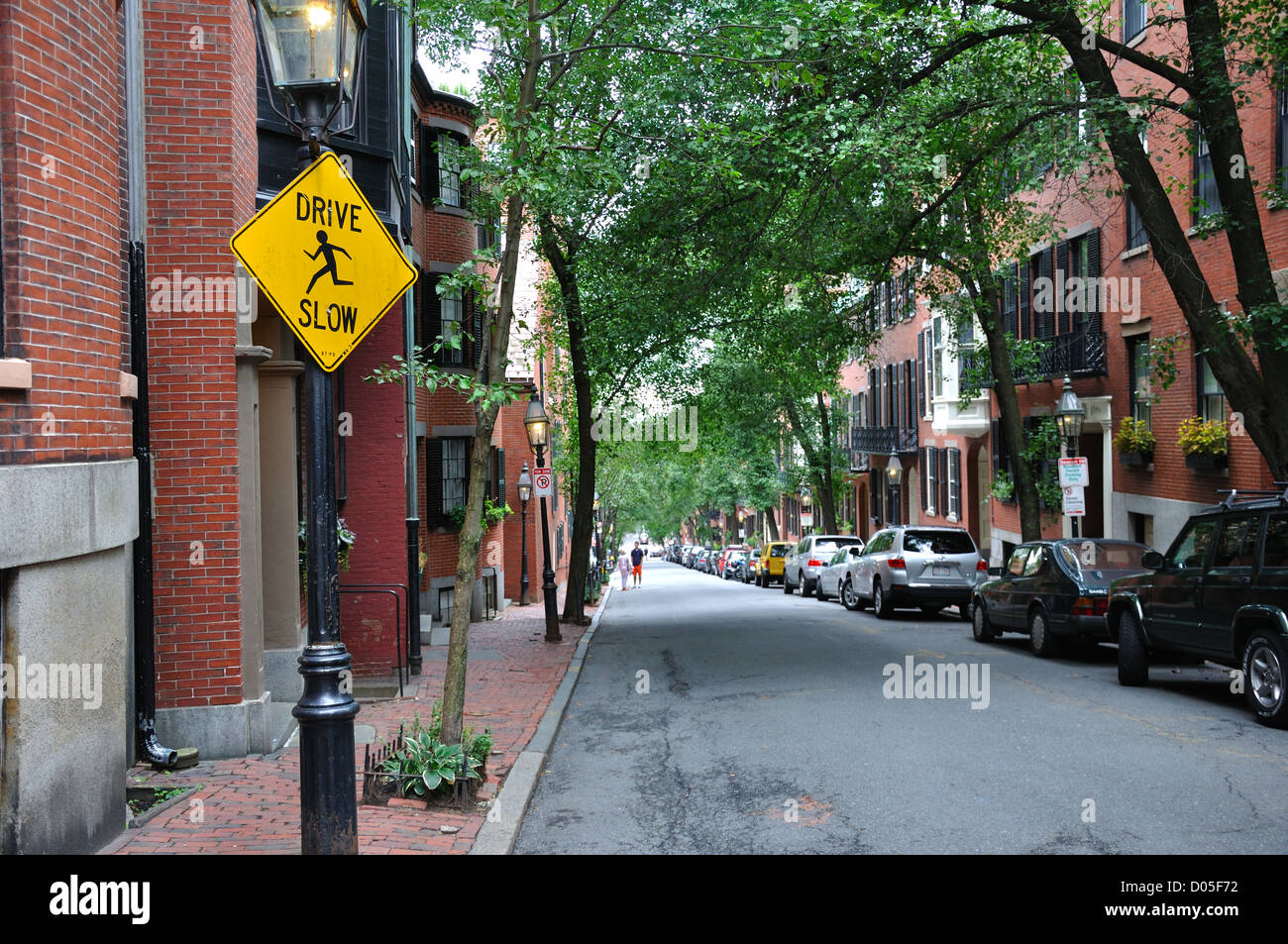 Drive Slow sign, Beacon Hill, Boston, Massachusetts, USA Stock Photo ...