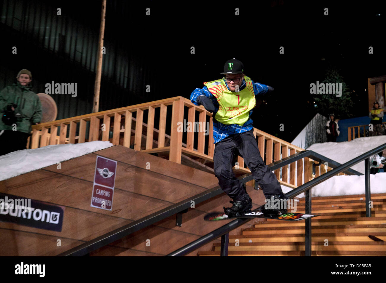 November 17, 2012, Tokyo, Japan - A street snowboarder slides down the ...
