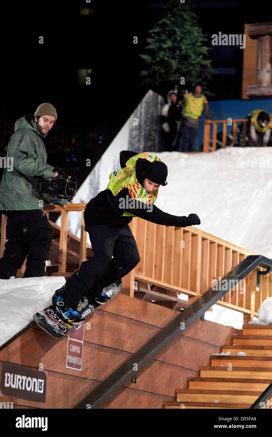 November 17, 2012, Tokyo, Japan - A street snowboarder slides down the ...