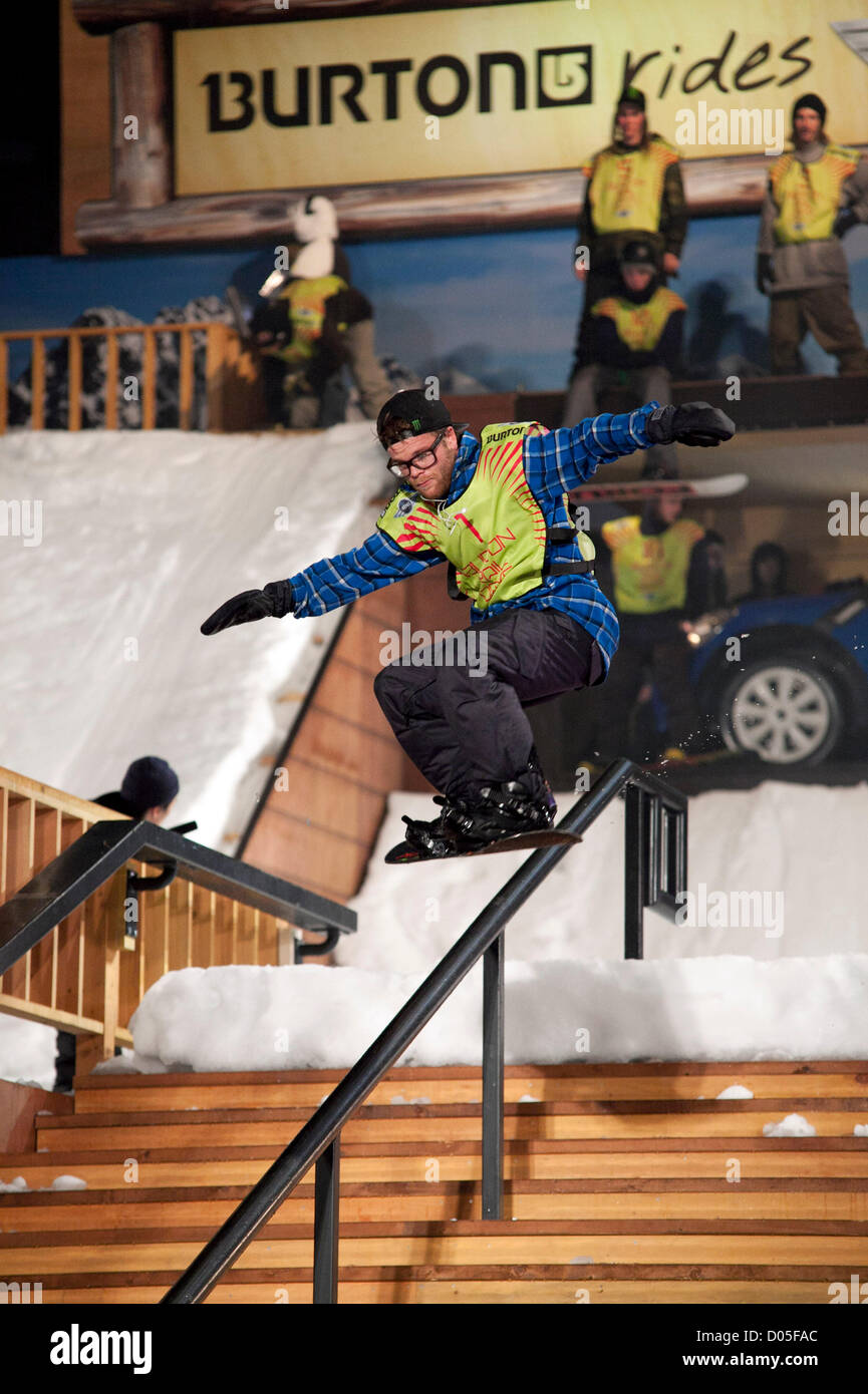 November 17, 2012, Tokyo, Japan - A street snowboarder jumps to the ...