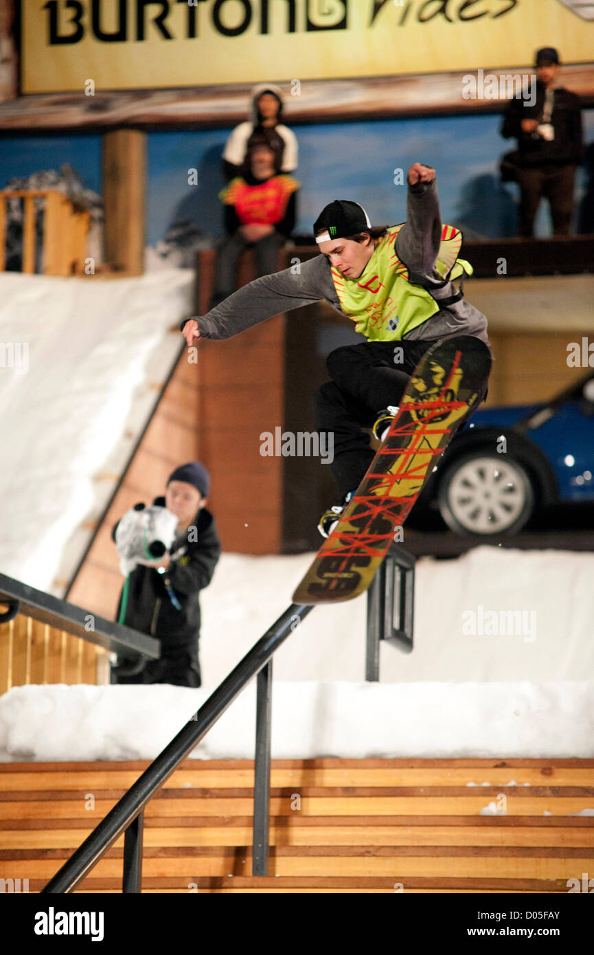November 17, 2012, Tokyo, Japan - A street snowboarder jumps to the ...
