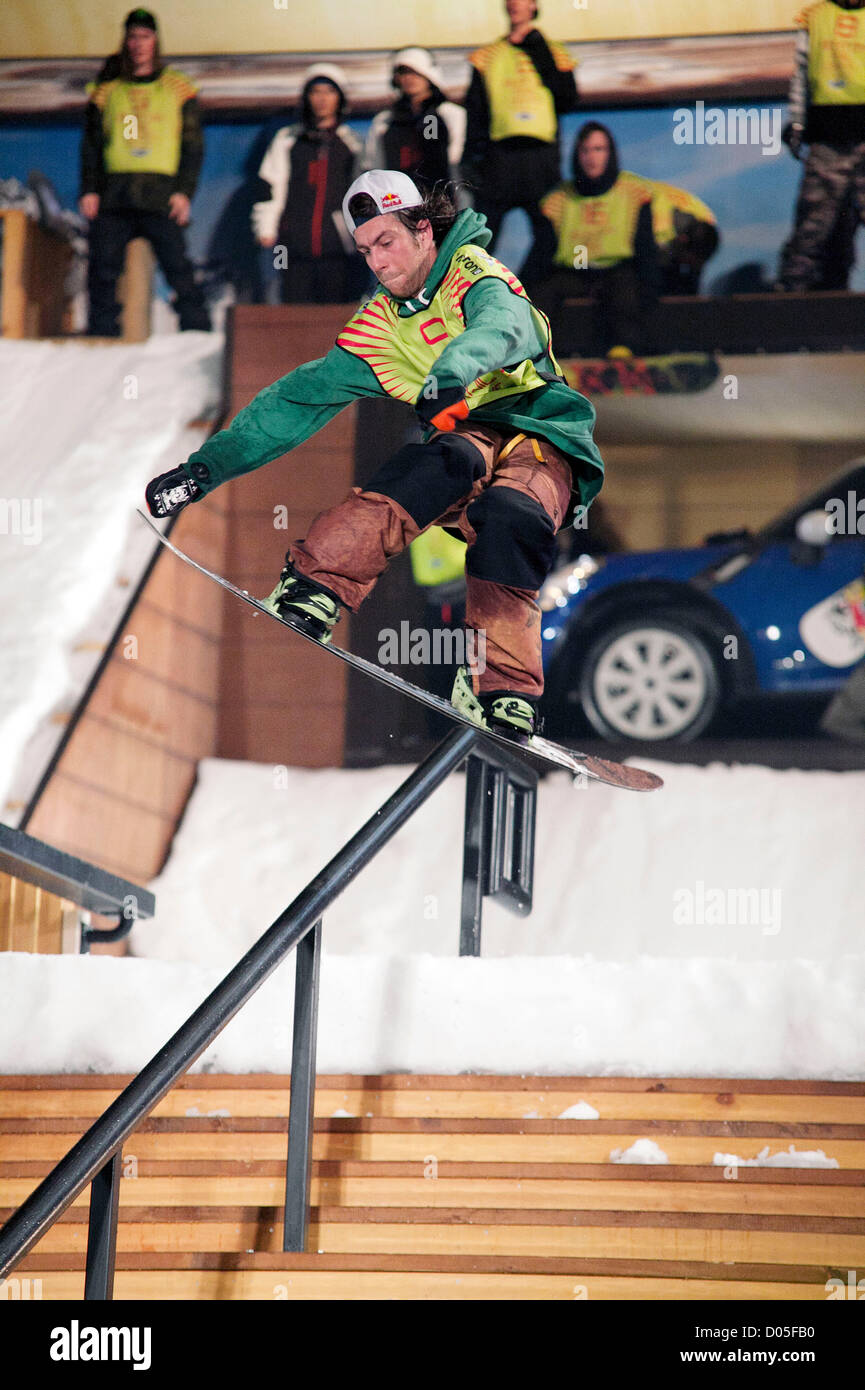 November 17, 2012, Tokyo, Japan - A street snowboarder slides down the ...