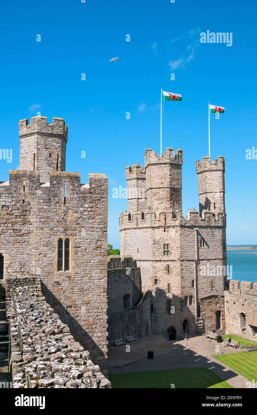 Wales, County Gwynedd, Caernarfon Castle, Welsh flags atop Eagle Tower ...