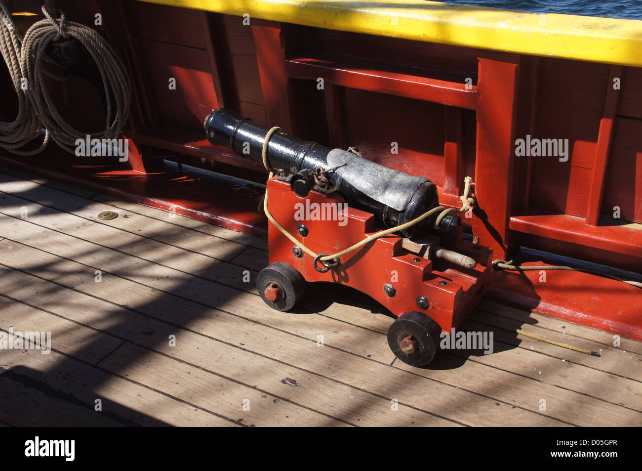 Small naval cannon on board historical wooden brig Stock Photo - Alamy