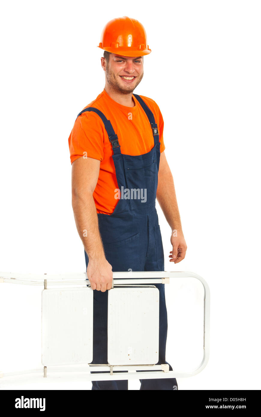 Happy worker carrying step ladder isolated on white background Stock ...